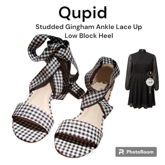 Qupid | Shoes | Qupid Studded Gingham Ankle Lace Up Low Block Heel ...